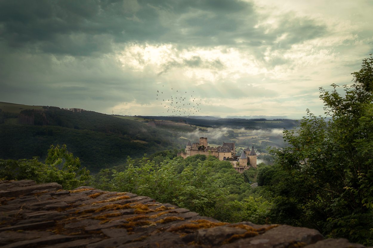 Chateau de Bourscheid view from Camping Panorama, Luxembourg