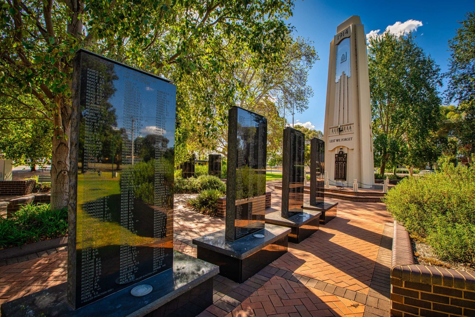 Reflection on memorials Griffith, New South Wales, Australia
