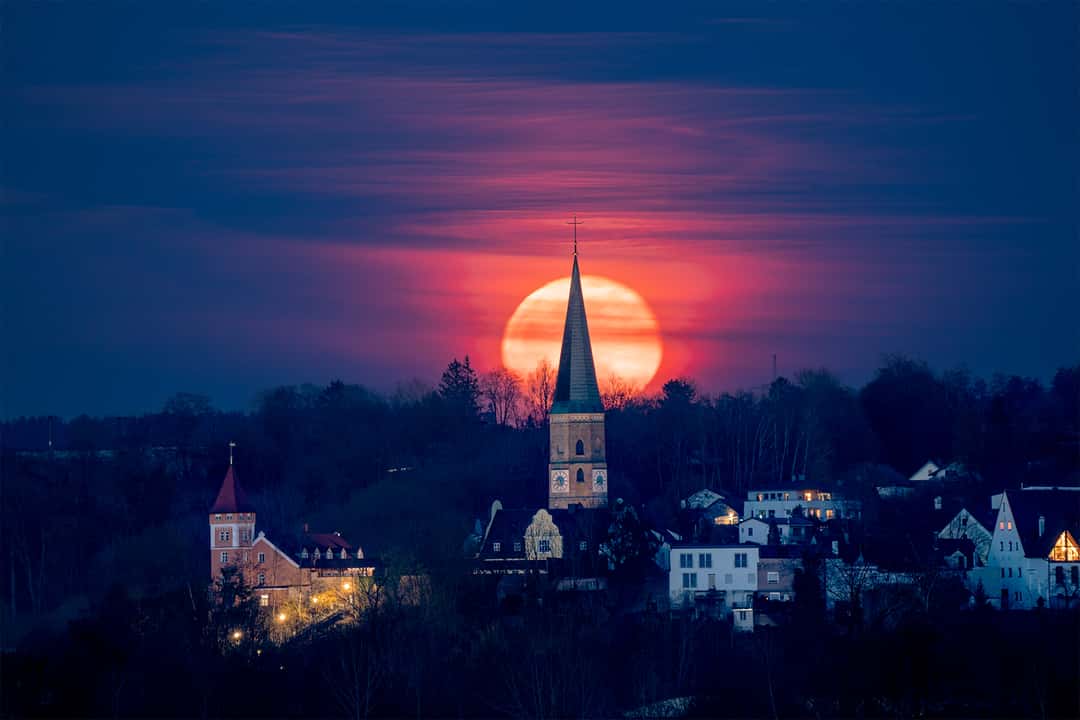 Easter full moon over Dingolfing, Germany