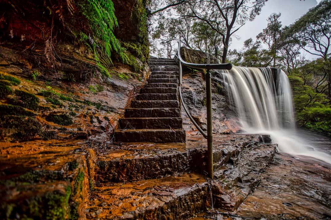 Stairs and falls Weeping Rock, Wentworth Falls, NSW, Australia