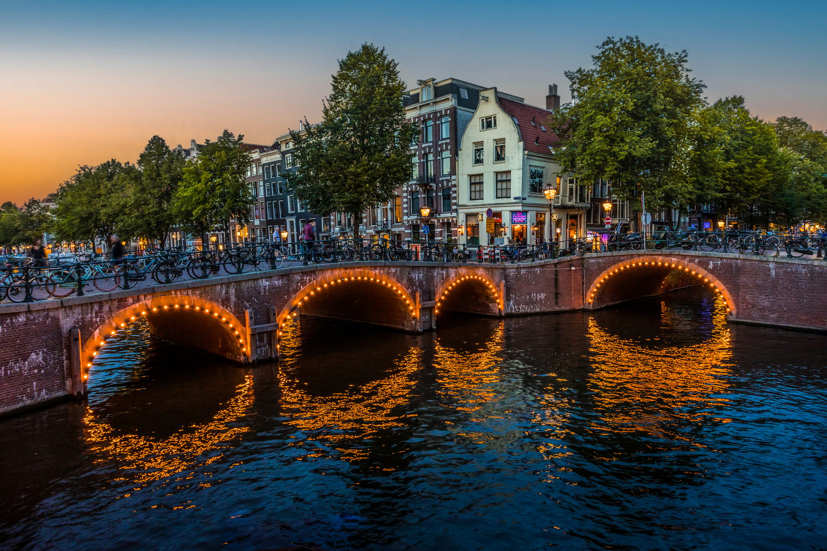 Evening lights of Amsterdam's bridges, Netherlands