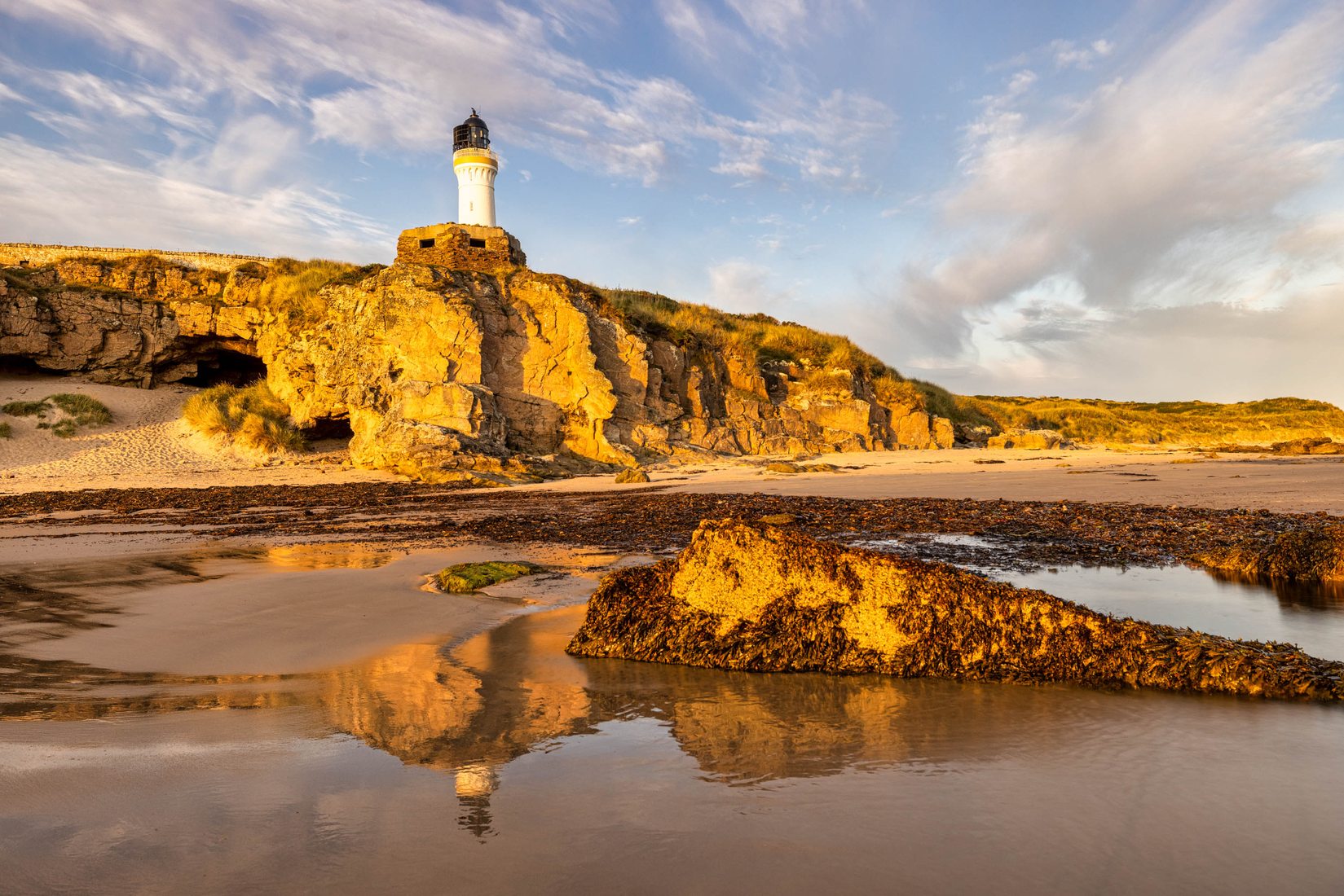 From the beach, Covesea Lighthouse, Scotland, UK, United Kingdom