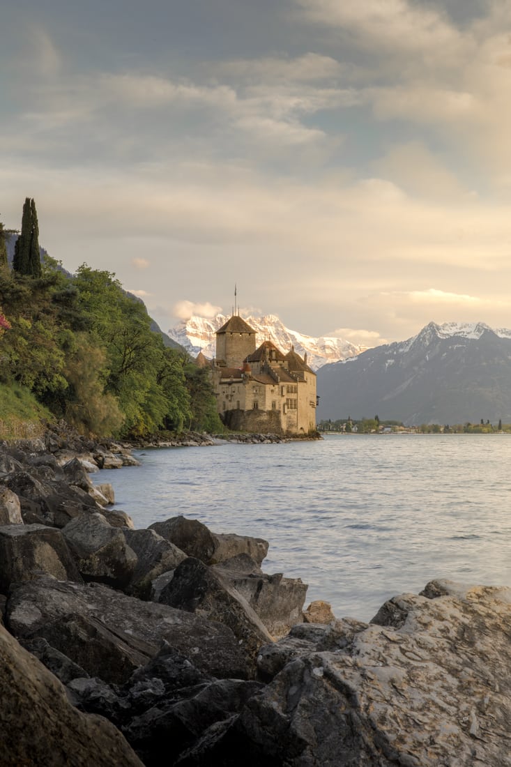 Chillon Castle (Château de Chillon) from nearby north bank, Switzerland