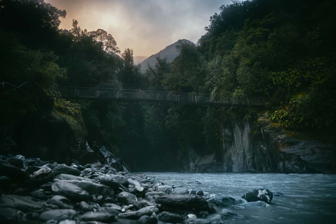 Callery Gorge river and bridge, Franz Josef Glacier, New Zealand